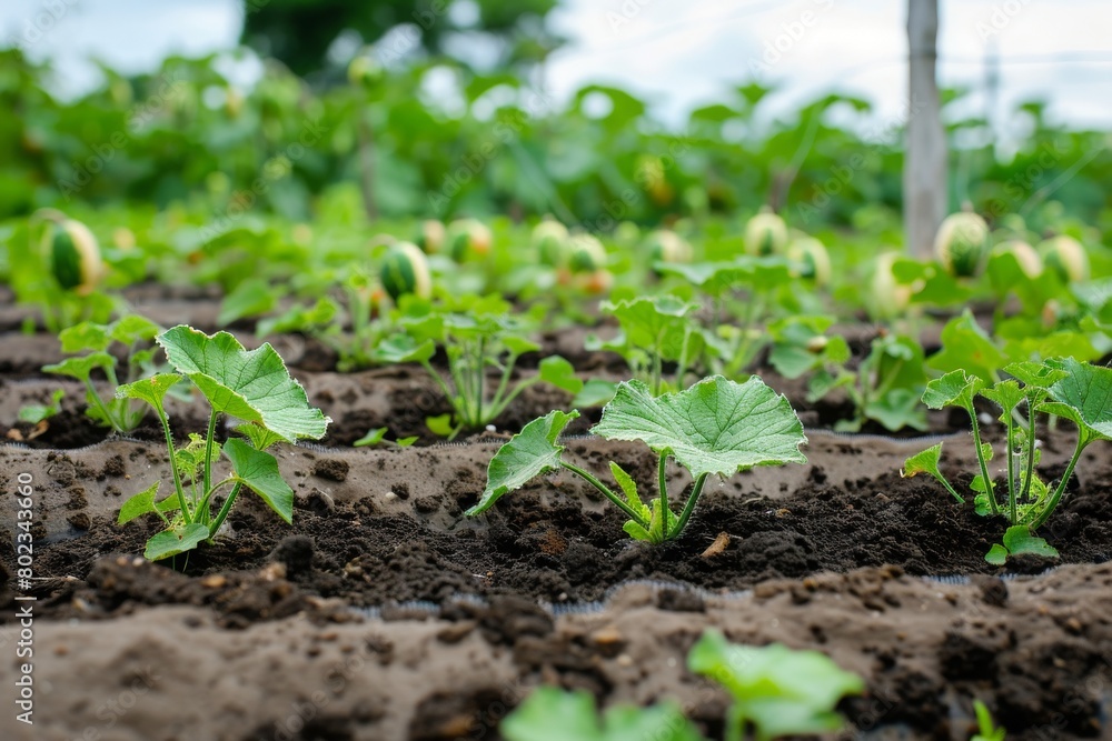 Young melon plants sprouting in a field, with mature melons visible in ...