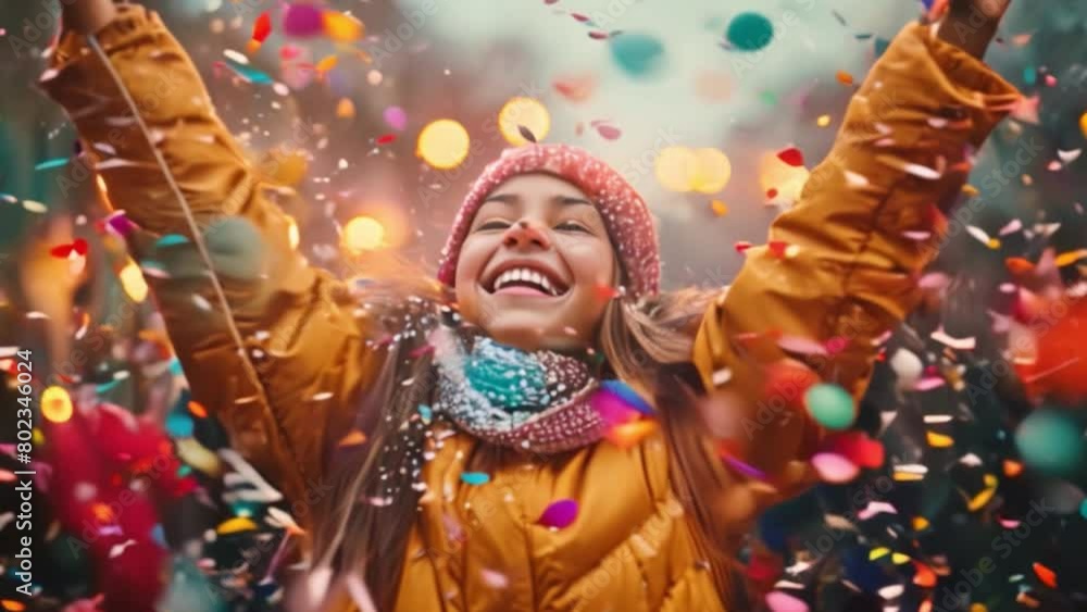 Cheerful girl has confetti at birthday party with group of friends who ...