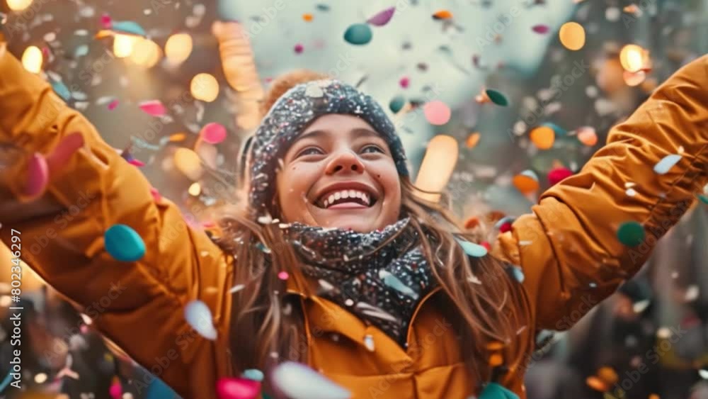 Cheerful girl has confetti at birthday party with group of friends who ...