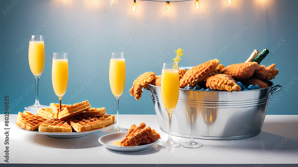 mimosas and champagne bucket on a white table with chicken and waffle ...