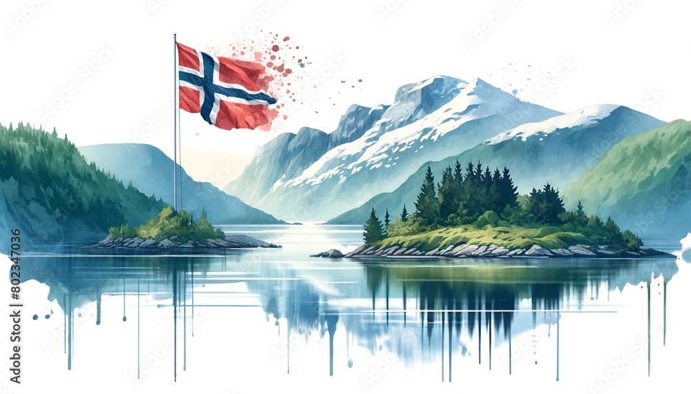 Watercolor illustration with a norwegian landscape for norway ...