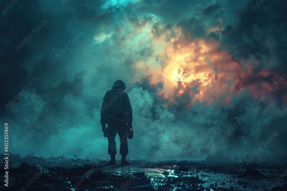 Soldier in sad pose backdrop of destruction caused by war. Military man ...