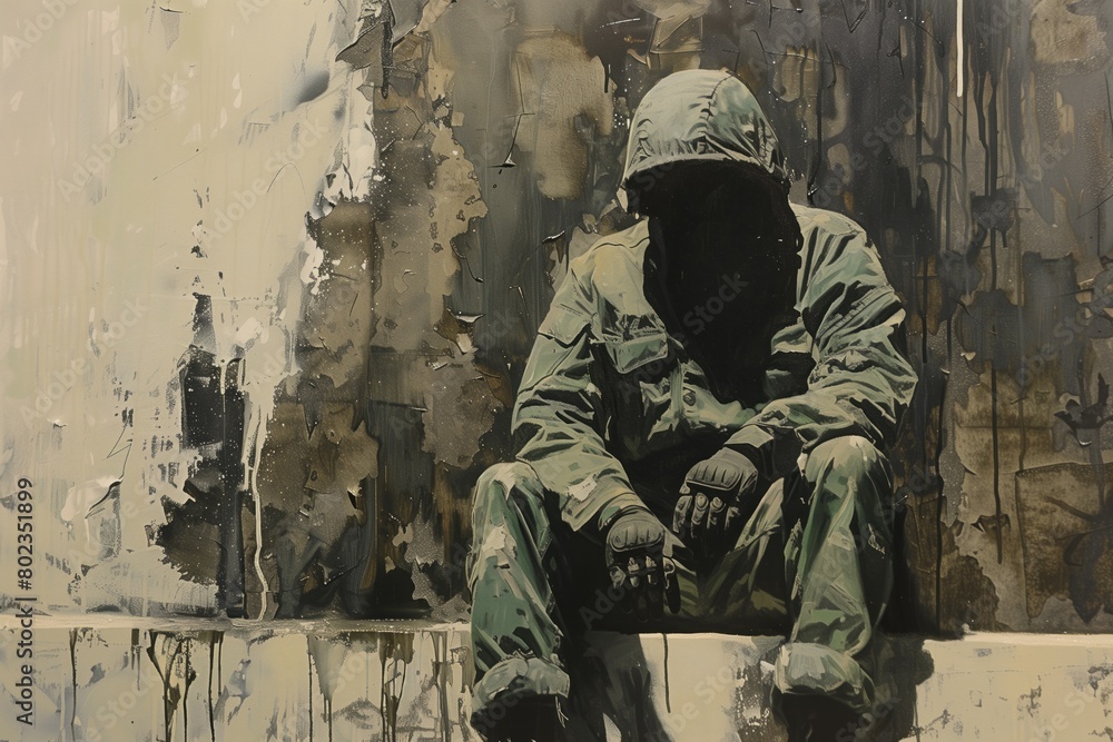 Soldier in military uniform and helmet sits sad near destroyed wall ...