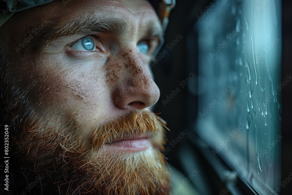 Soldier suffered psychological trauma PTSD looks sadly through wet ...