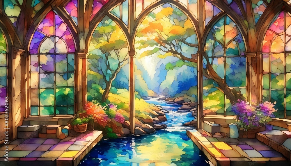 tranquil hideaway, with soft sunlight filtering through stained glass ...