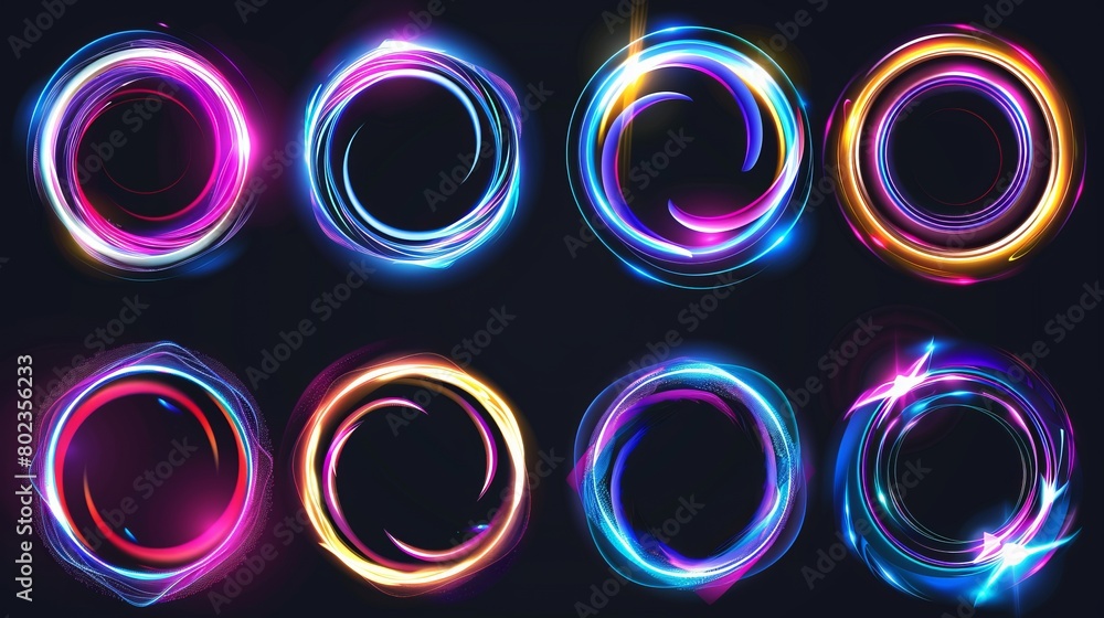 Set of glowing neon color circles round curve shape with wavy dynamic ...