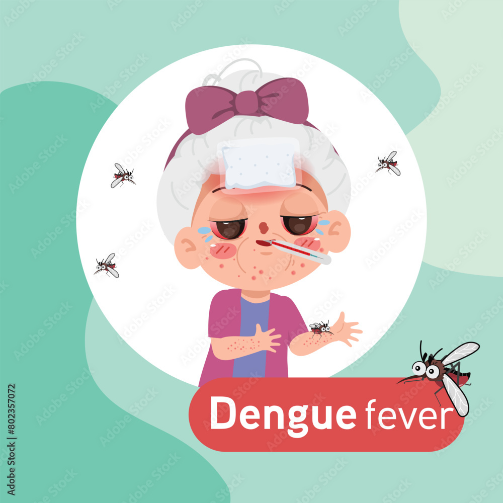 Vetor de Dengue fever. Senior woman high fever and a red rash on her ...
