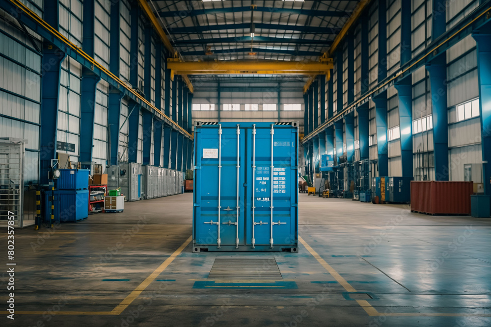 Inside a spacious warehouse, a blue shipping container stands ...
