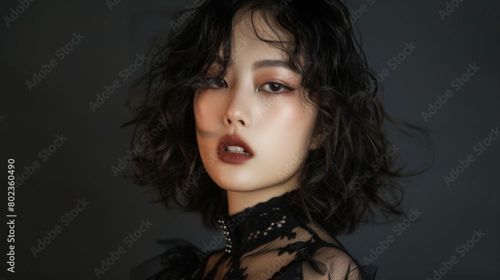 Teen Chinese Woman with Brown Curly Hair Goth style Illustration. Stock ...