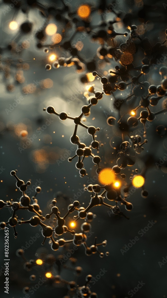 Dark, evocative 3D render of an organic chemistry reaction with carbon ...