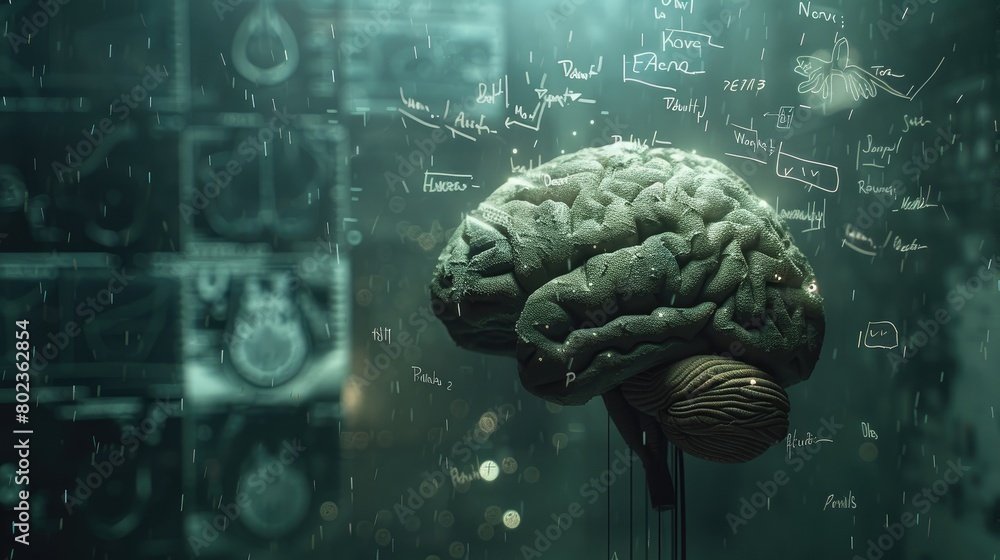 Moody 3D visualization of a human brain scan, bathed in shadowy light ...