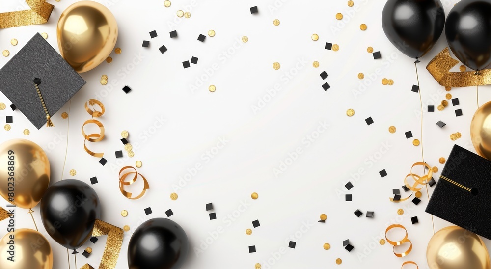 black and gold graduation caps, balloons, confetti on white background ...
