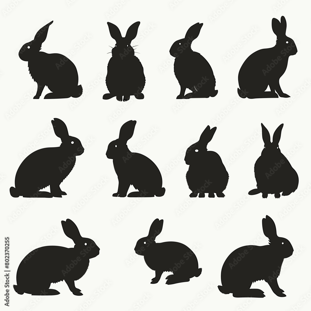 Rabbit silhouette set of different poses black flat vector illustration ...