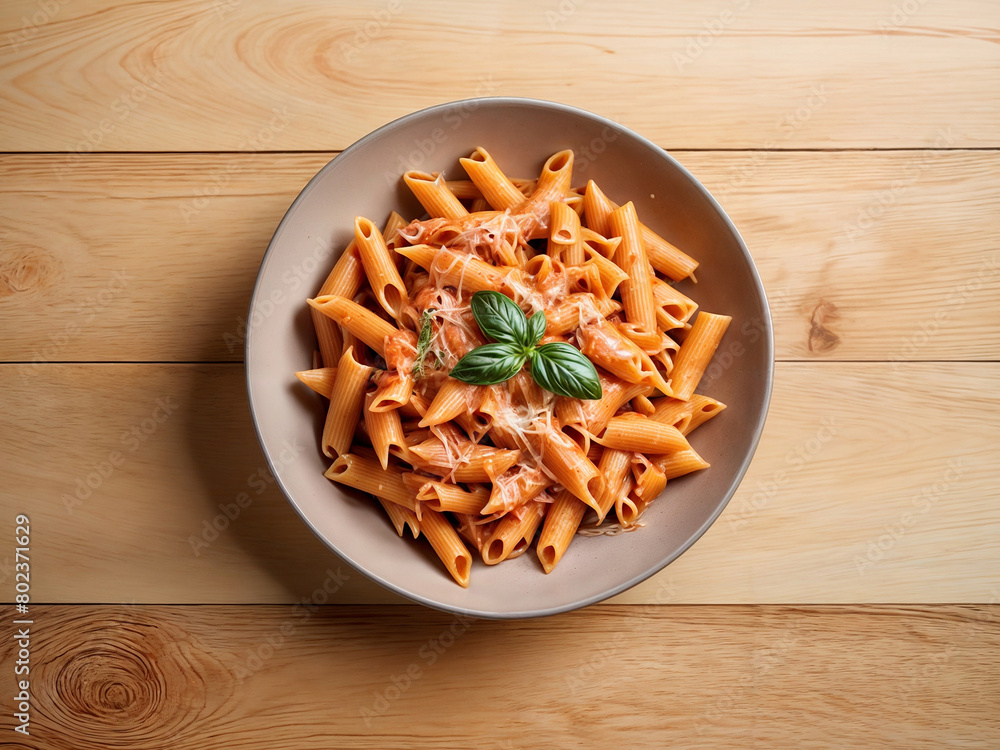 Top view An Italian dish Penne alla Vodka pasta. A bowl of pasta with a ...