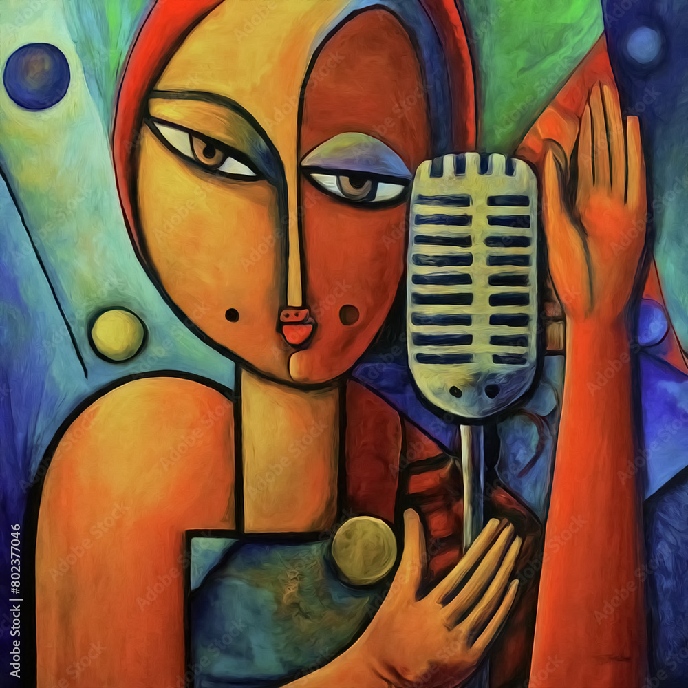 Retro cubist abstract portrait of a solo female singer with an ...