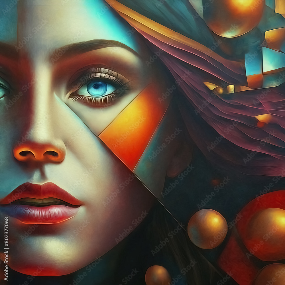 Dreamlike portrait of a beautiful young woman in a cubist world of ...