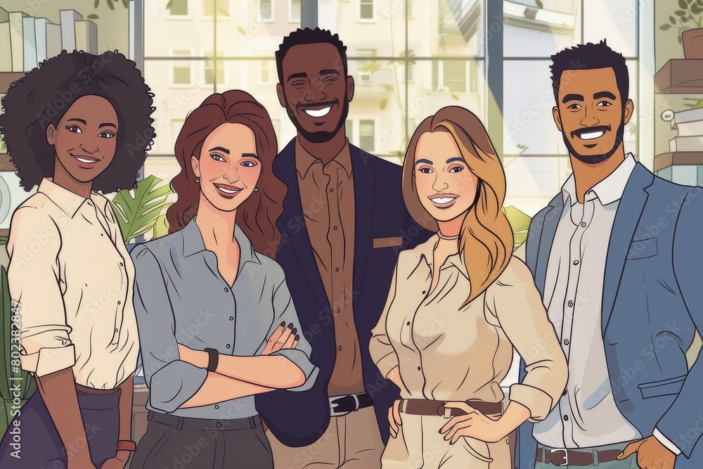 A cheerful group of teachers gather together, smiling brightly as they ...