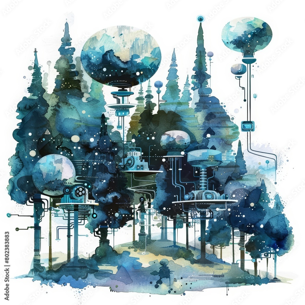 A watercolor painting shows a cybernetic forest, trees equipped with ...