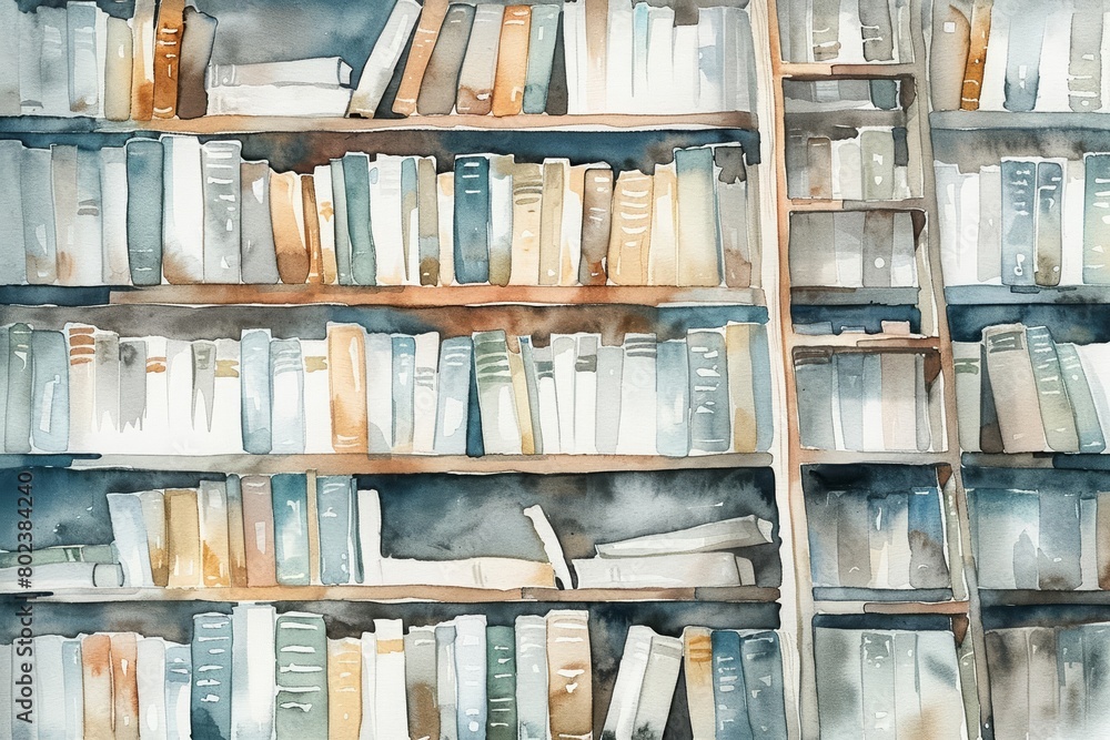 The clean watercolor depiction of a serene library filled with ancient ...