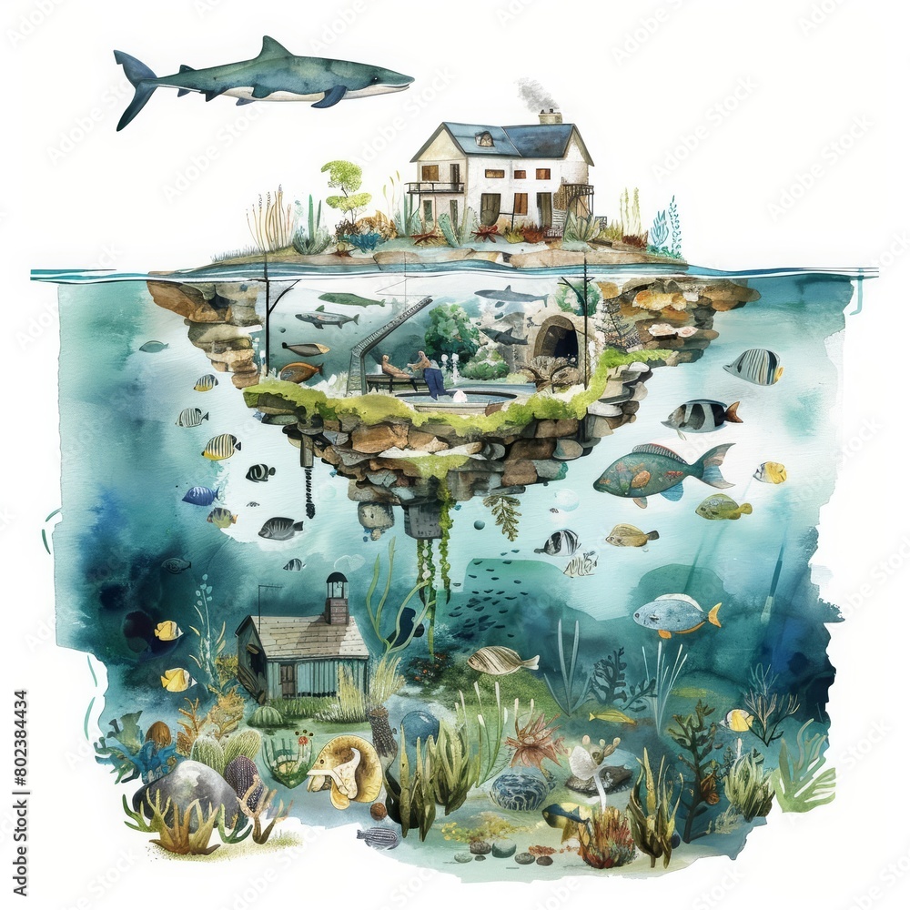 The clean watercolor depiction of a selfsustaining underwater habitat ...