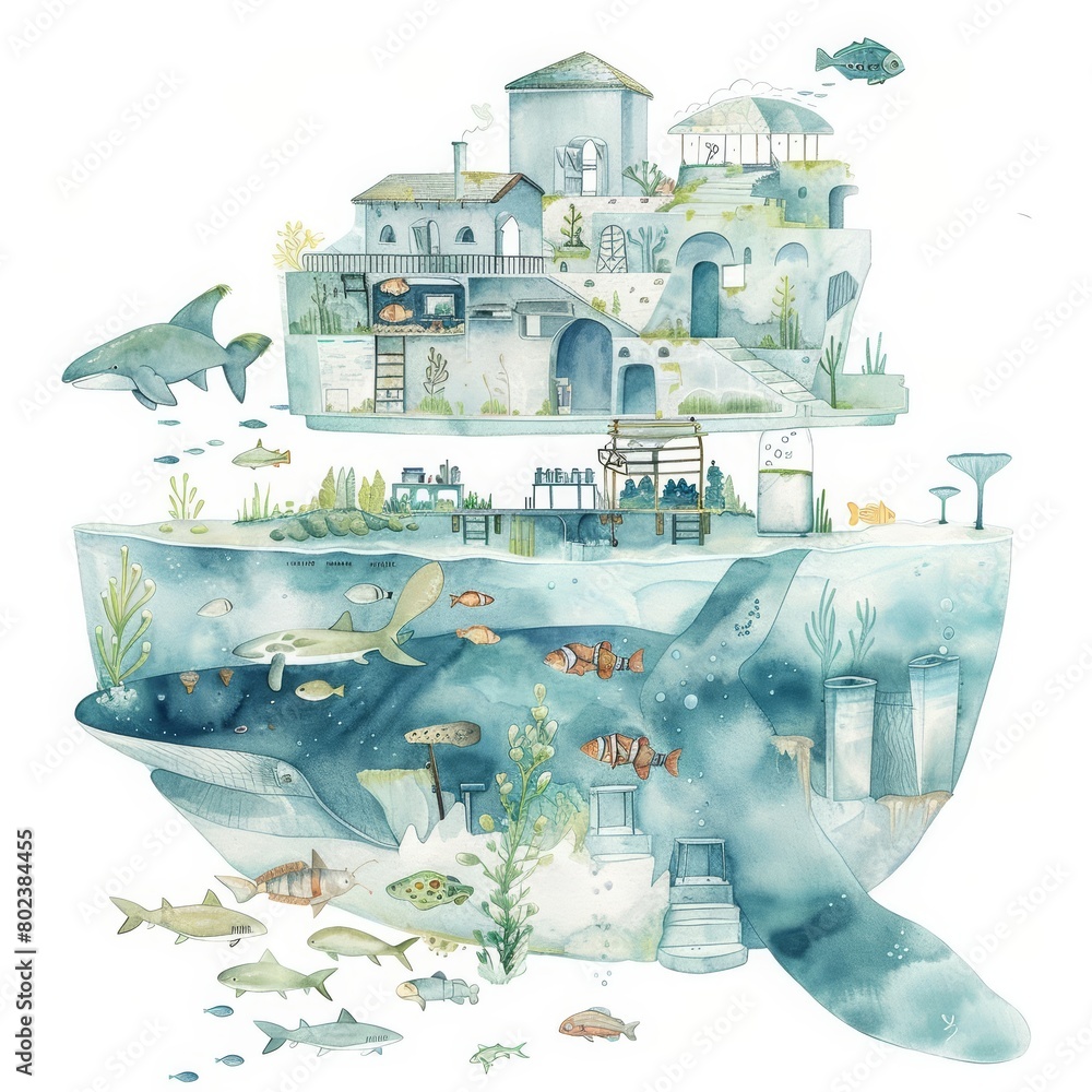 The clean watercolor depiction of a selfsustaining underwater habitat ...