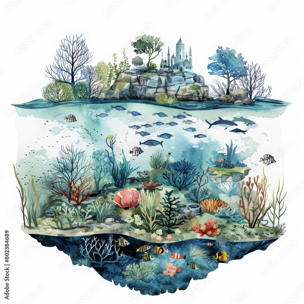 The clean watercolor depiction of a selfsustaining underwater habitat ...