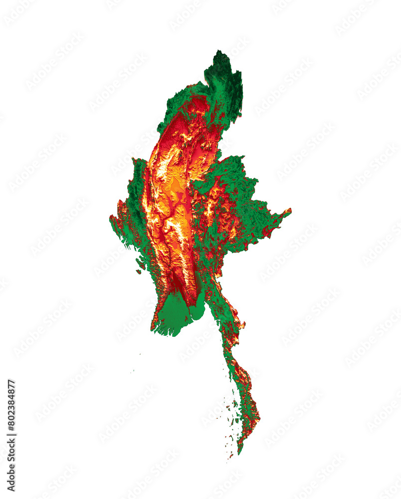 Burma Myanmar map with the flag Colors Red green and yellow Shaded ...
