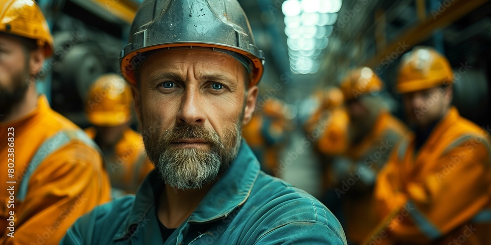 depiction of angry workers in a factory environment, their clenched ...