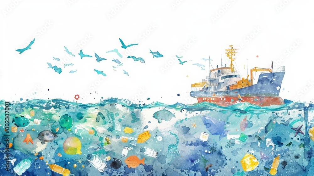 This engaging watercolor scene of an ocean cleanup operation ...