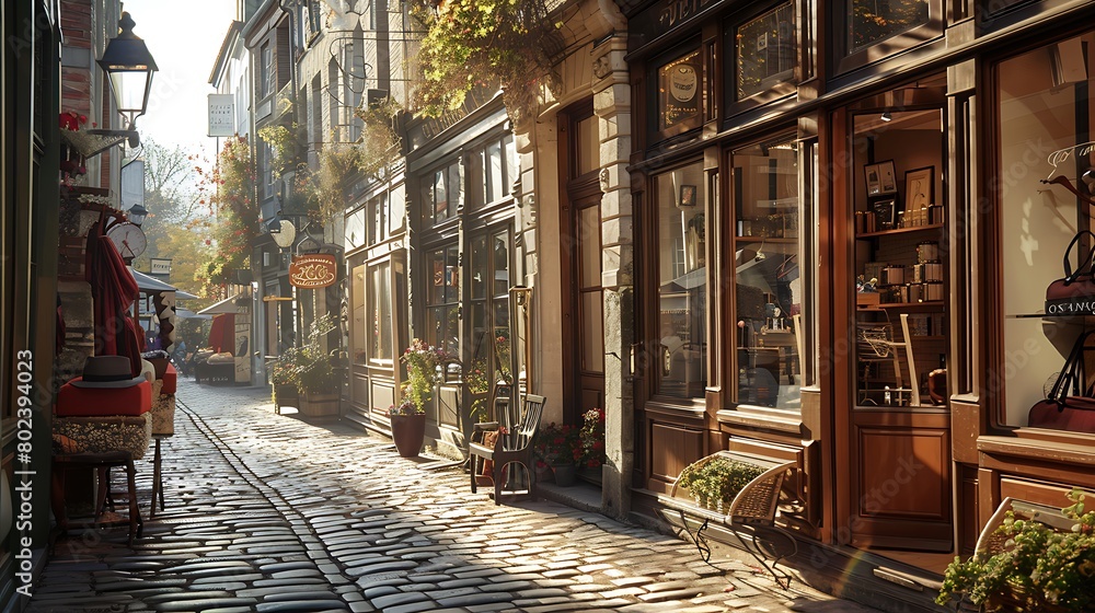 A sun-drenched cobblestone alley lined with charming boutique ...