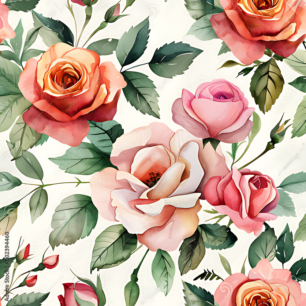 Watercolor floral seamless patterns Pink roses Bouque Seamless Pattern ...