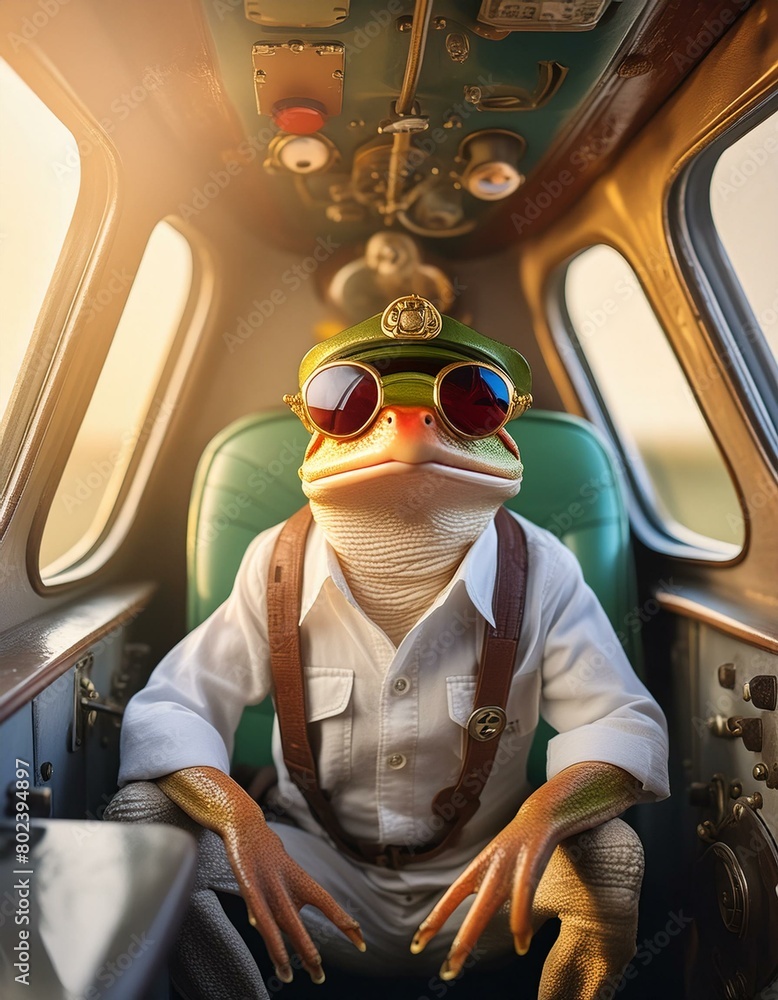A pilot frog with aviator sunglasses, sitting in the cockpit of a ...