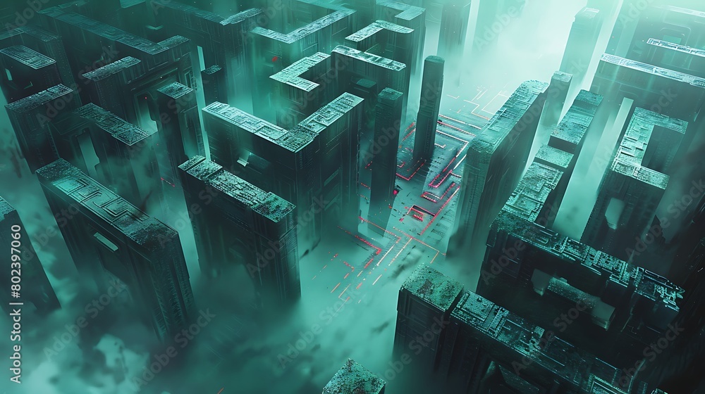 Explore the depths of a digital labyrinth, where binary code intertwines with geometric shapes ...