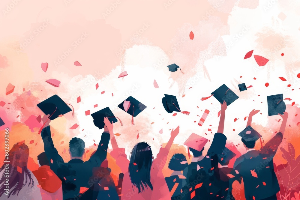 A group of people celebrating their graduation, throwing caps in the ...