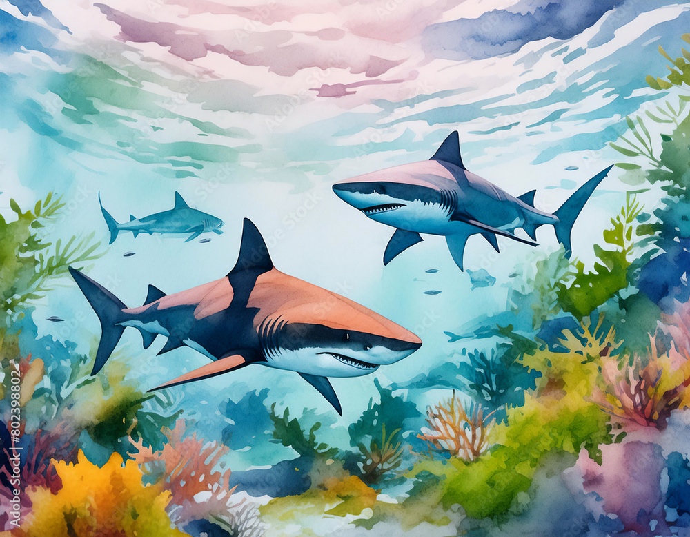 watercolor underwater ocean background with sharks swimming in coral ...
