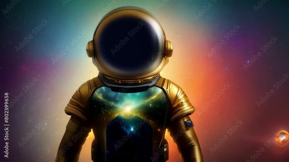 A golden astronaut floats in the abyss of space, surrounded by a cosmic ...