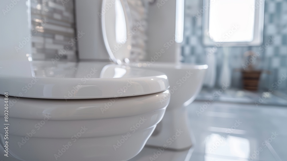Close-up of a sleek, white toilet in a modern bathroom setting ...