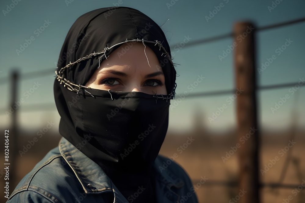 Standing against oppression concept with masked woman grabbing barbwire ...