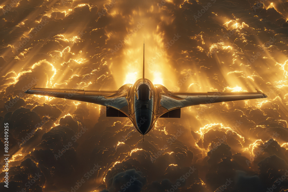 Supersonic jet breaking the sound barrier, cone of shock waves visible ...