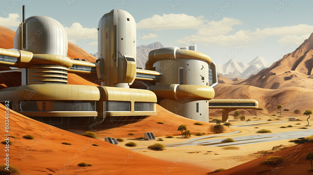Retro futuristic architecture in sci-fi scene on the desert planet ...