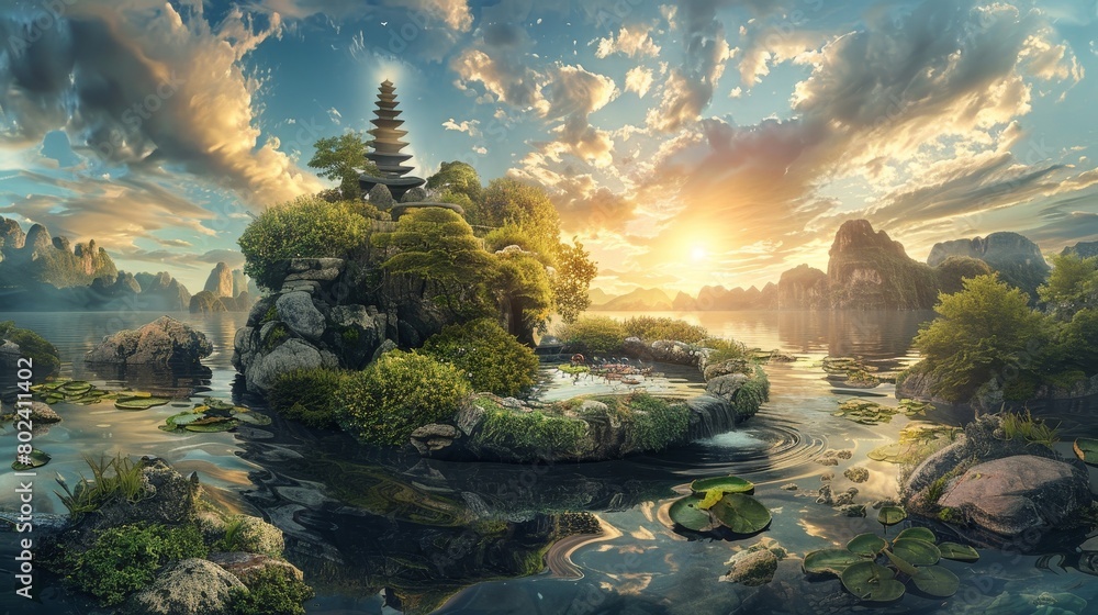 Craft an image depicting paradise where sacred symbols from different ...