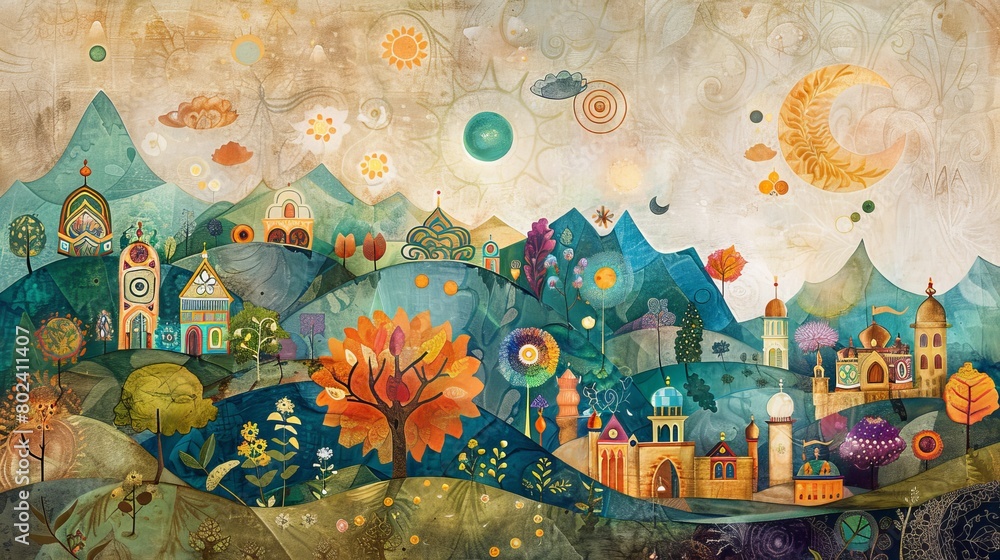 Craft an image depicting paradise where sacred symbols from different ...