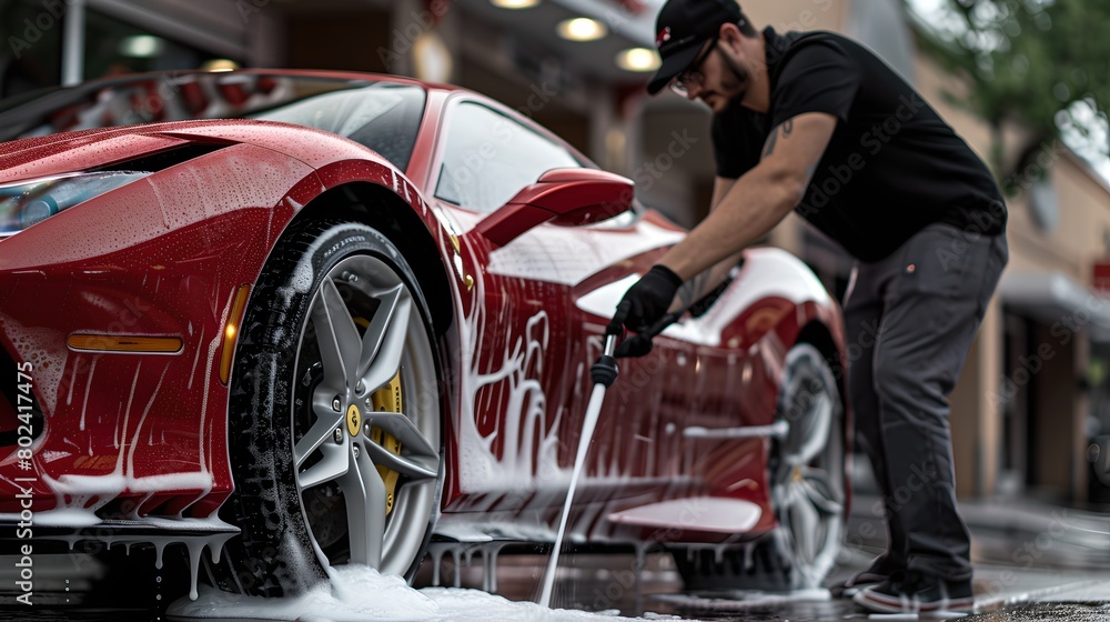 Man hand-washing a luxury red sports car. Detailing vehicle exterior ...