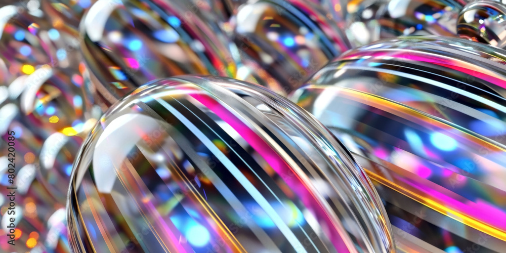 Transparent spheres glide through a vibrant, multi-colored light tunnel ...