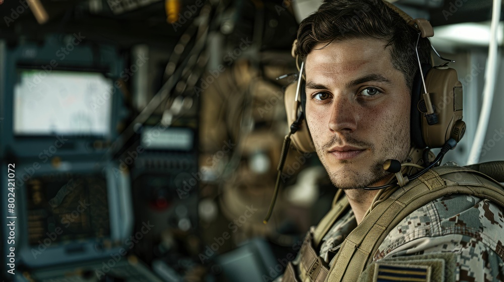 The picture of military officer is working on communication to ...