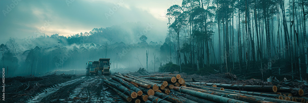 Deforestation, wood and timber with clearing in forest of nature for ...