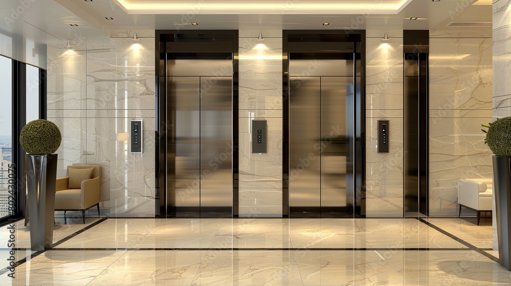 the modern office building interior, boasting sleek stainless steel ...