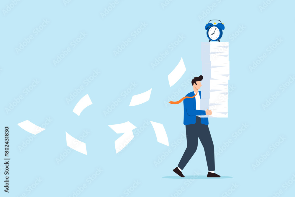 Businessman carrying heavy documents and paperwork, with alarm clock ...