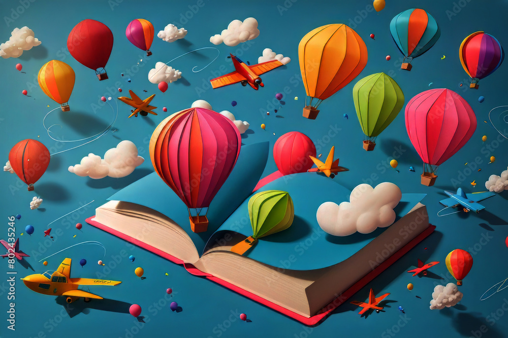 Children's Day with flying colorful 3D paper balloons and airplanes on ...