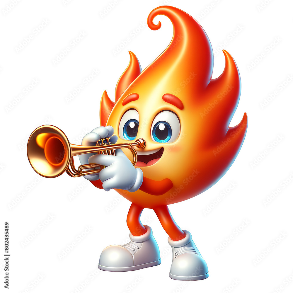 Trumpet player as flame mascot. Cartoon fire musician character playing ...